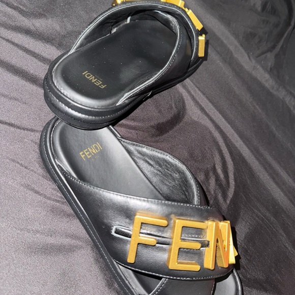 Fendi | Shoes | Fendi Black Slides With Gold Logo | Poshmark